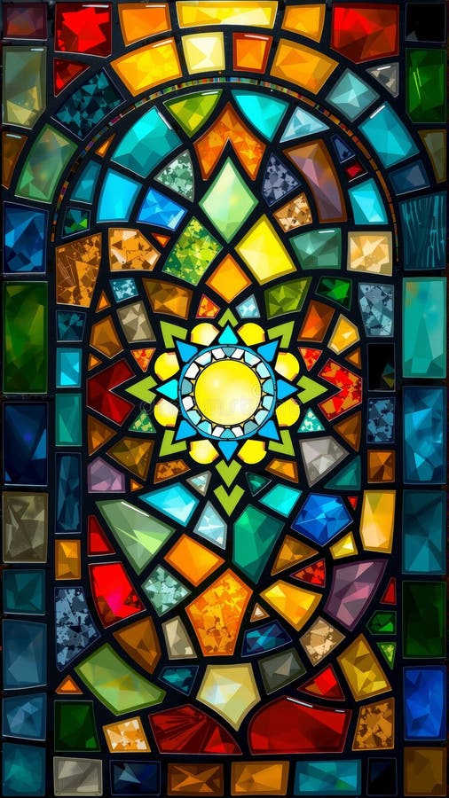 Vibrant Stained Glass Window with Geometric Mosaic Patterns and Central ...
