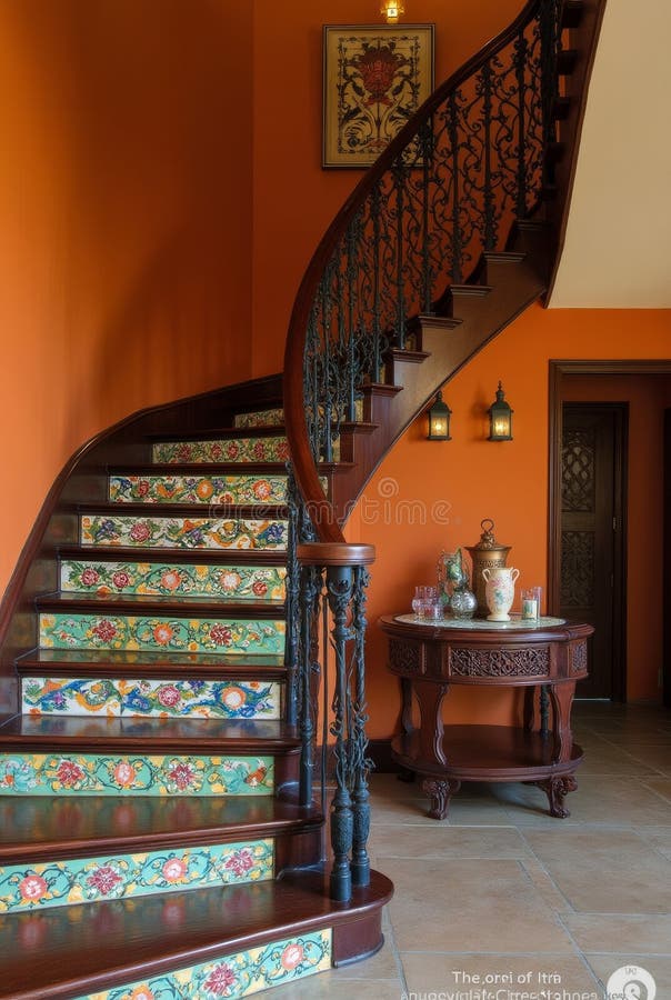 Vibrant Staircase with Brightly Patterned Hand-Painted Tile Risers and ...