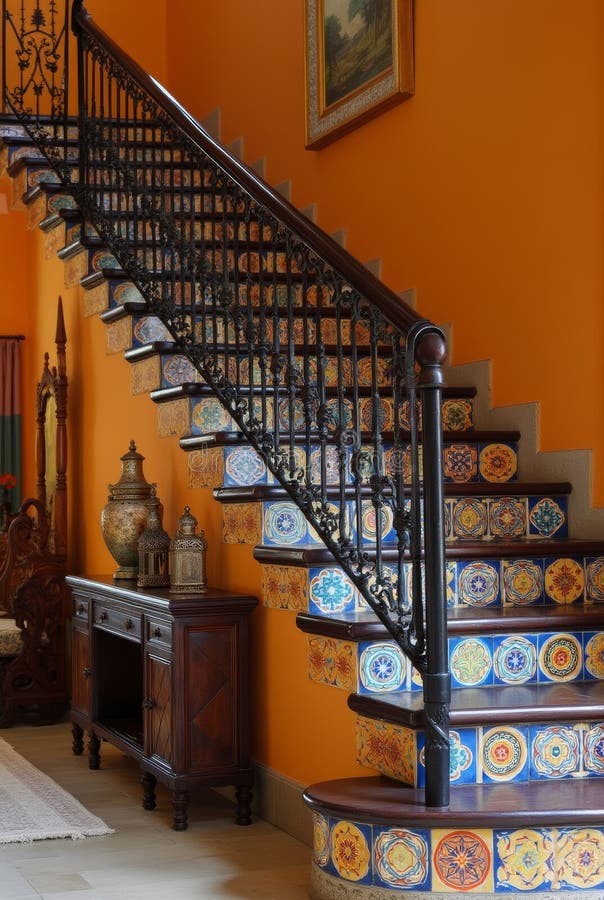 Vibrant Staircase with Brightly Patterned Hand-Painted Tile Risers and ...