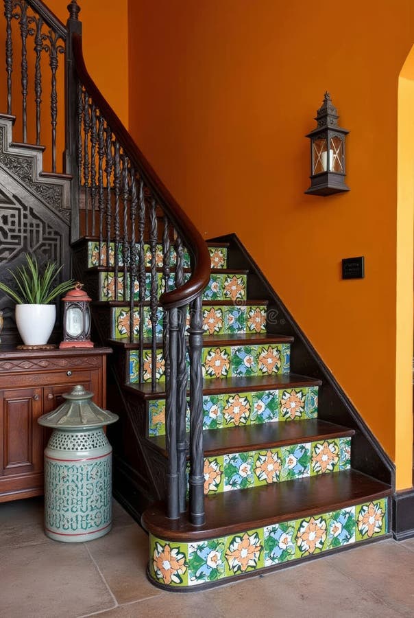 Vibrant Staircase with Brightly Patterned Hand-Painted Tile Risers and ...