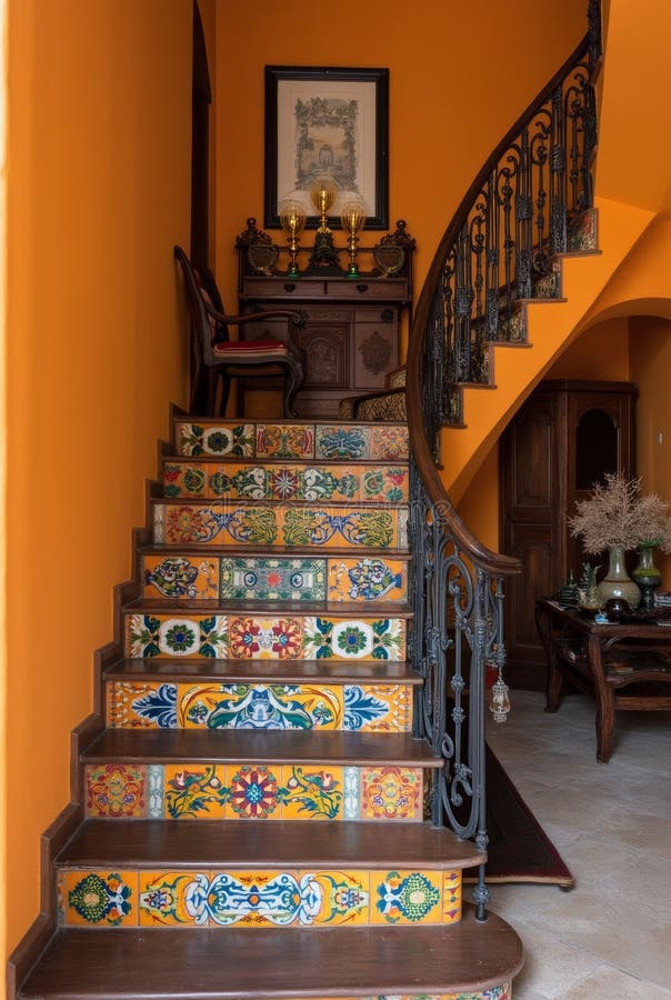 Vibrant Staircase with Brightly Patterned Hand-Painted Tile Risers and ...