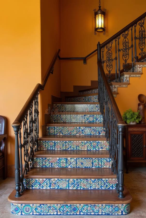 Vibrant Staircase with Brightly Patterned Hand-Painted Tile Risers and ...