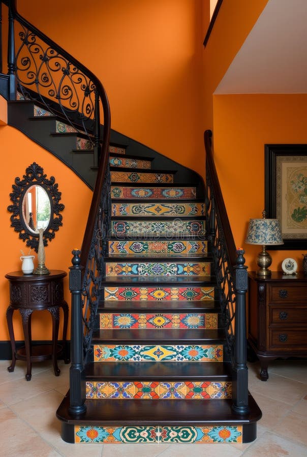 Vibrant Staircase with Brightly Patterned Hand-Painted Tile Risers and ...