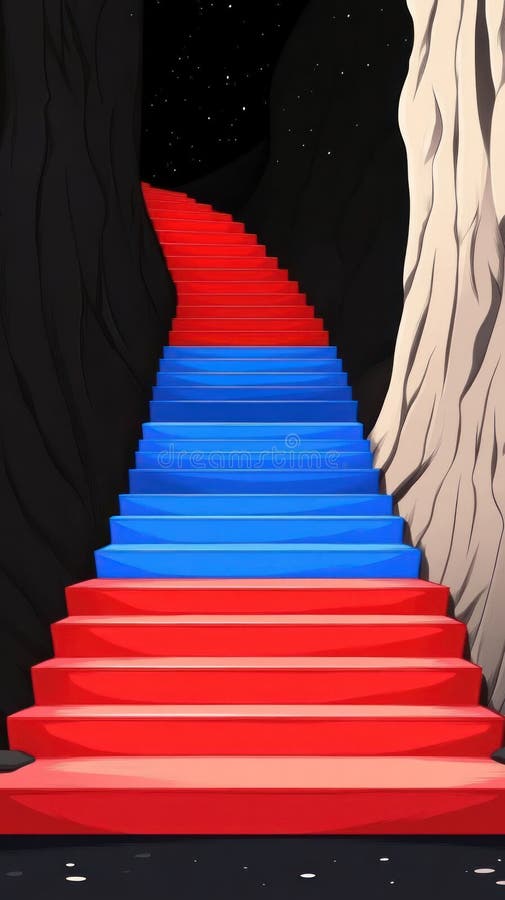 A Vibrant Staircase with Red and Blue Steps Winding through a Dark ...