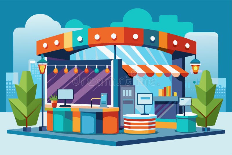 A Vibrant Stand Booth Features Bright Decorations, Counters, and ...