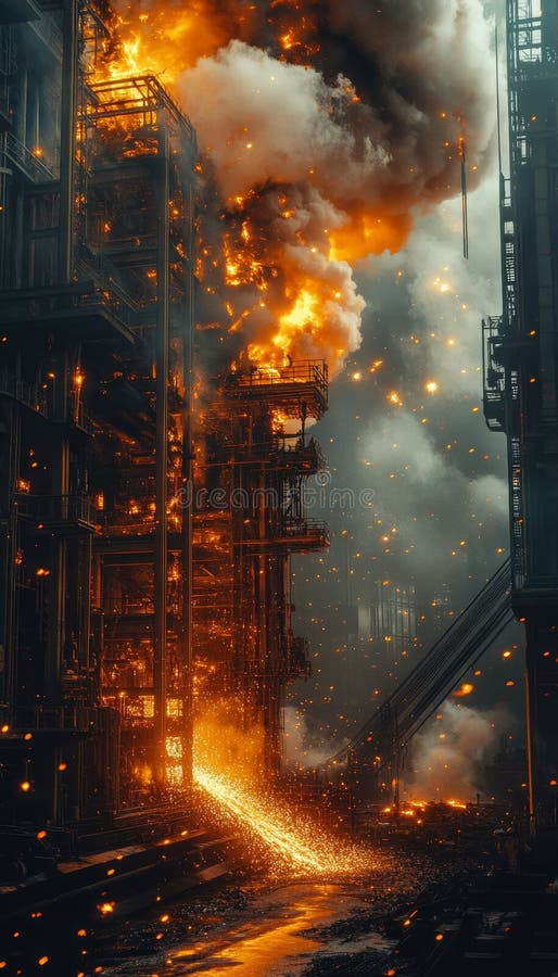 Vibrant Steel Mill with Molten Metal Flowing, Creating Dramatic Scene ...