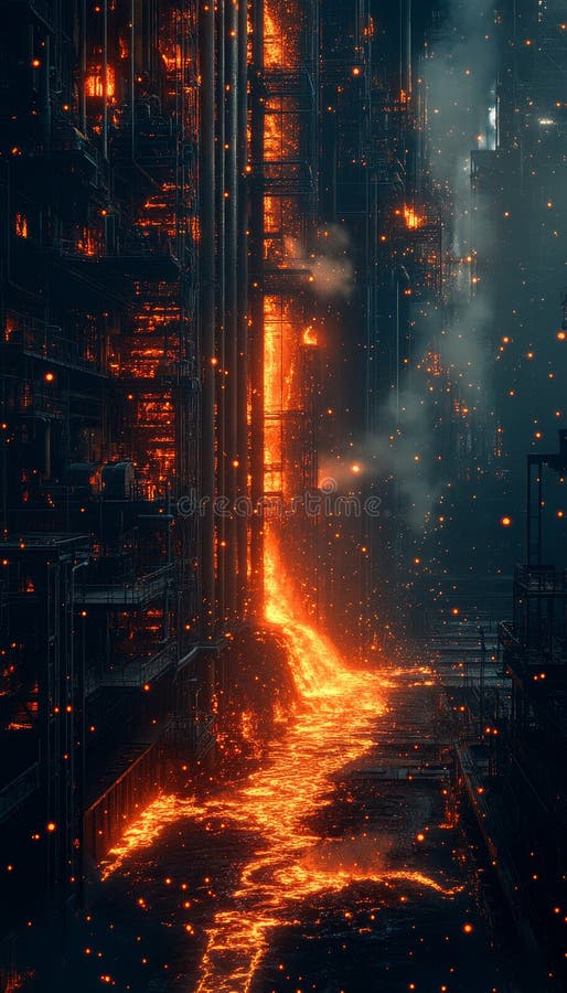 Vibrant Steel Mill with Molten Metal Flowing, Creating Dramatic Scene ...