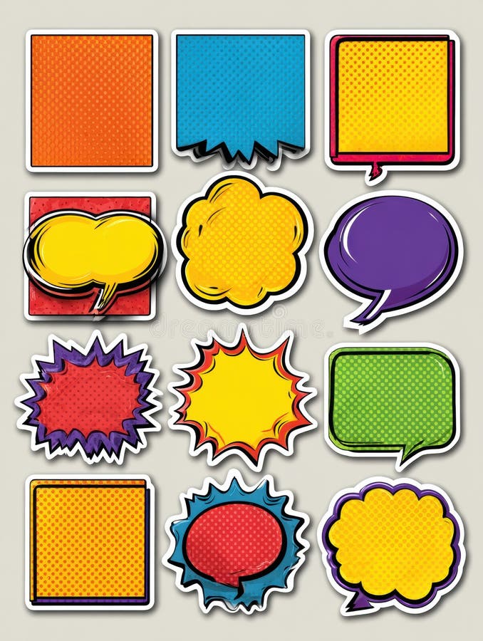 Colorful Comic-Style Sticker Pack Featuring Halftone Shadows with Empty ...