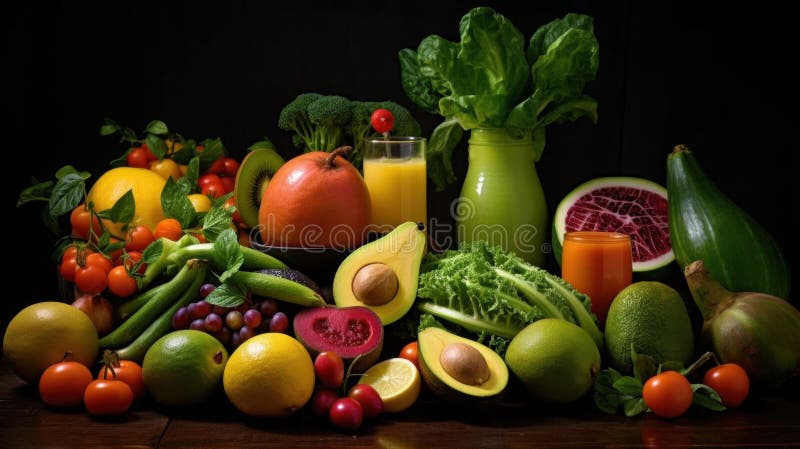 Vibrant Still Life with Fresh Produce and Juices Stock Illustration ...