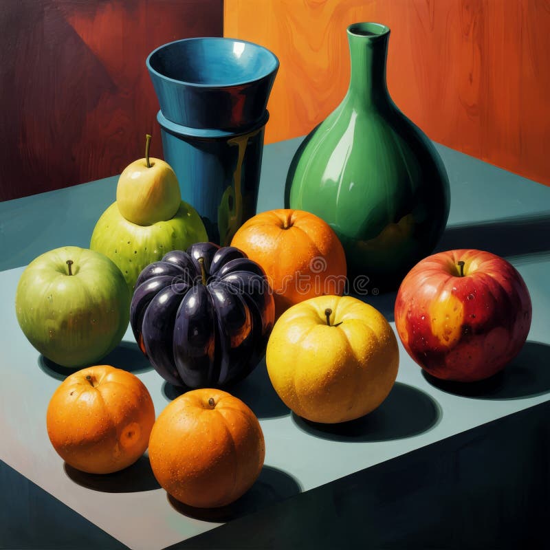 Vibrant Still Life with Fruits and Pottery Stock Photo - Image of ...