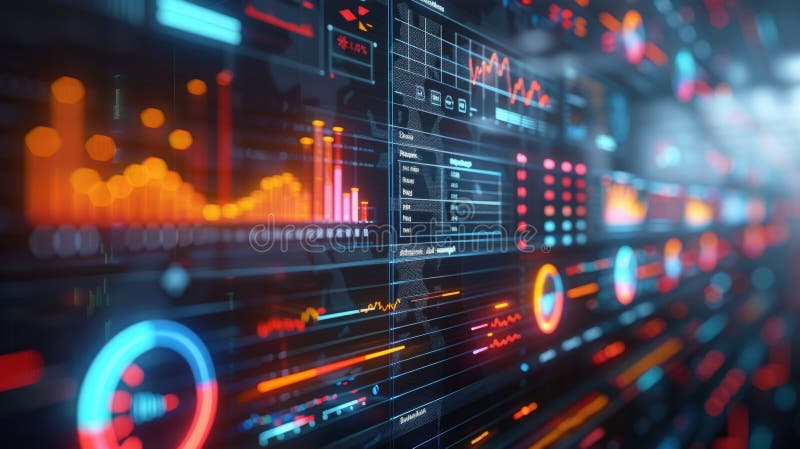A Vibrant Stock Market Analytics Display with Glowing Graphs, Numbers ...