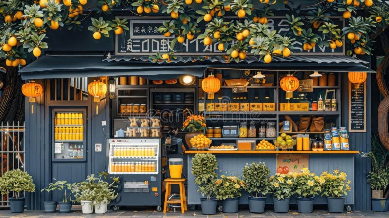 Vibrant Storefront with Orange Trees and Lanterns Stock Illustration ...