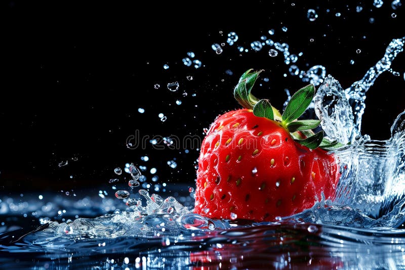Vibrant Strawberry Splashing with Water on Elegant Black Background ...