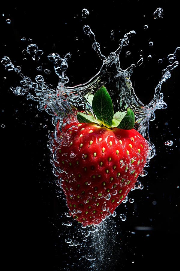 Vibrant Strawberry Splashing with Water on Elegant Black Background ...