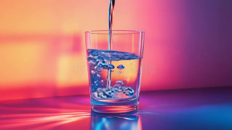 Clear Liquid Pouring into Glass with Colorful Background Creating ...