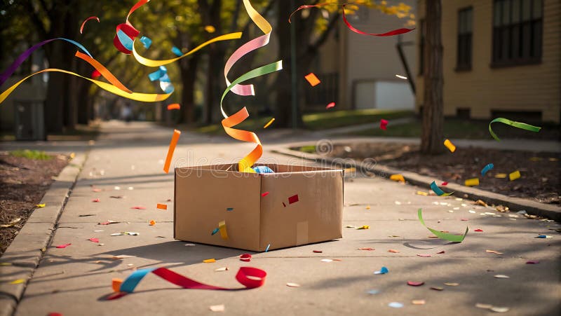 Vibrant Streamers and Confetti Emanating from Box on Sunny Sidewalk ...