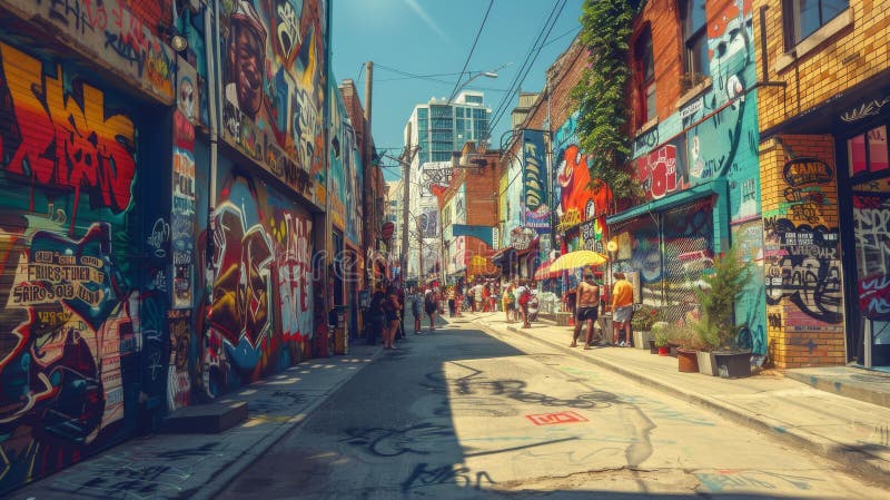 A Vibrant Street Filled with Colorful Murals and Graffiti, Bustling ...