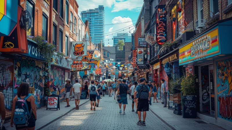 A Vibrant Street Filled with Colorful Murals and Graffiti, Bustling ...