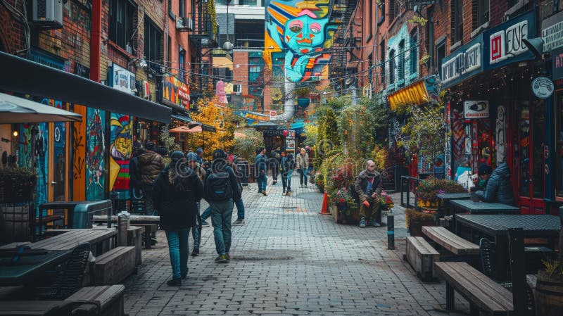 A Vibrant Street Filled with Colorful Murals and Graffiti, Bustling ...