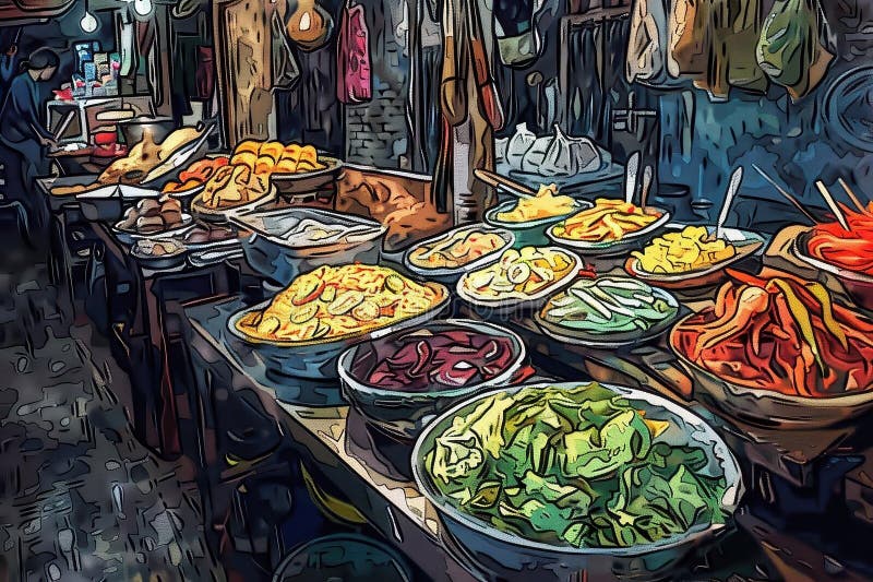 Vibrant Street Food Display, a Colorful Array of Dishes Stock ...