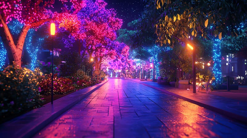 Vibrant Street Illuminated by Colorful Lights at Night Stock ...