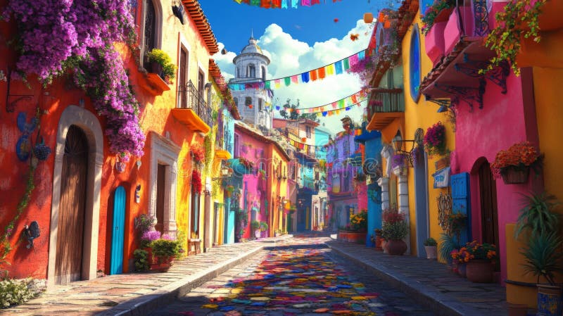 Vibrant Street Scene in a Colorful Town Stock Illustration ...