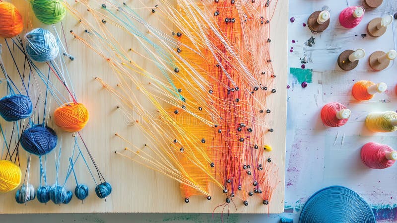 A Vibrant String Art Station with Nails, Boards, and Colorful Threads ...