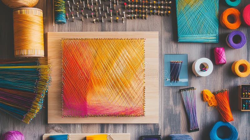 A Vibrant String Art Station with Nails, Boards, and Colorful Threads ...
