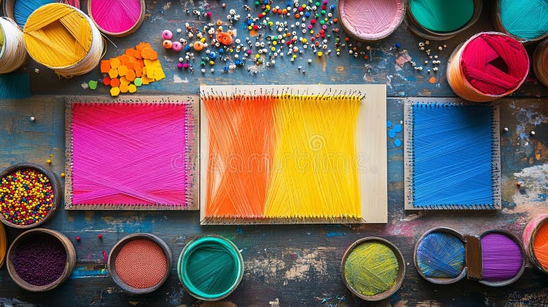 A Vibrant String Art Station with Nails, Boards, and Colorful Threads ...