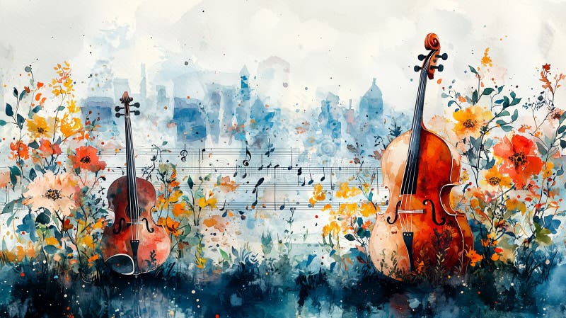 AI Generated. Vibrant String Instruments with Floral Motifs and Musical ...