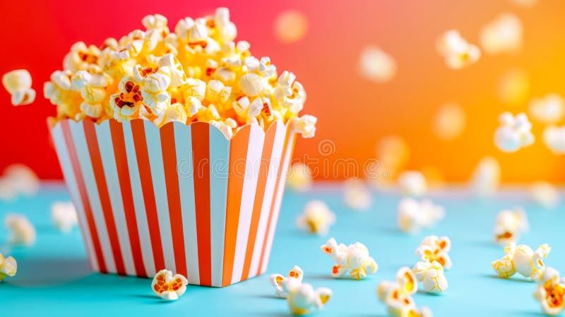 Vibrant Striped Popcorn Box with Kernels Popping on Colorful Backdrop ...