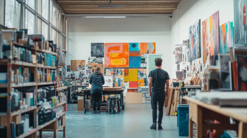A Vibrant Studio Captures Creativity in Action. Artists are Immersed in ...