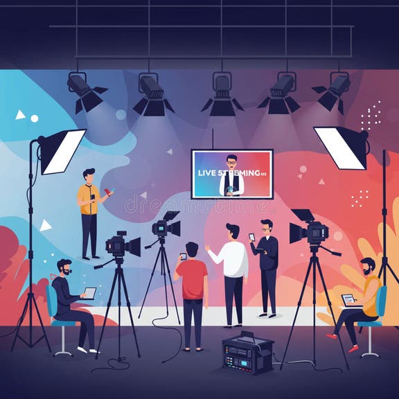 A Vibrant Studio Setup Features Multiple Cameras and Lighting Equipment ...