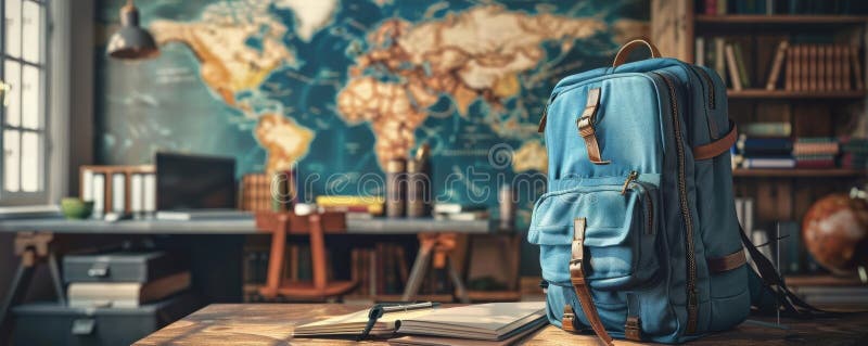 Vibrant Study Room with a World Map, Blue Backpack, and Books, Evoking ...