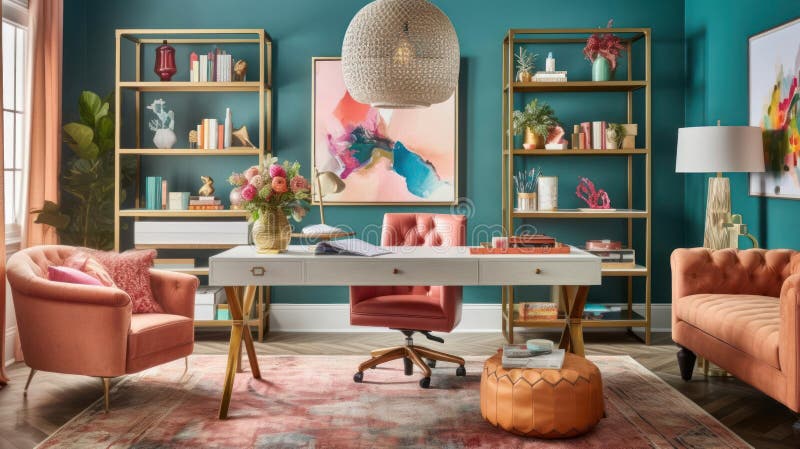 A Colorful Home Office with Unique Decor and a Mix of Seating Options ...