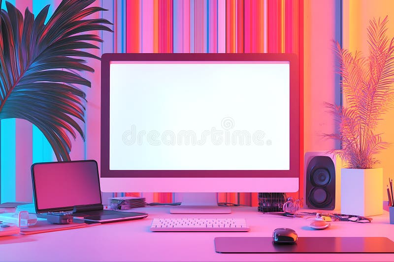 Modern Neon Workspace Computer, Laptop, Keyboard, Mouse & Plants Stock ...