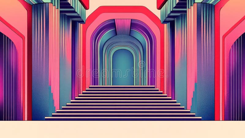 A Vibrant, Stylized Architectural Space Featuring Colorful Arches and ...