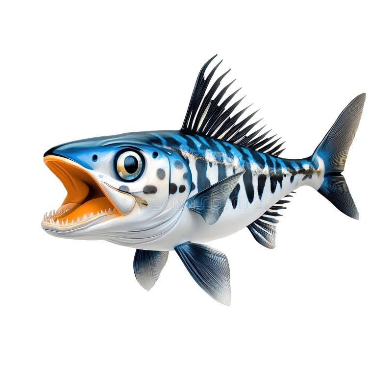 A Vibrant, Stylized Barracuda Fish with Blue and Black Patterns ...