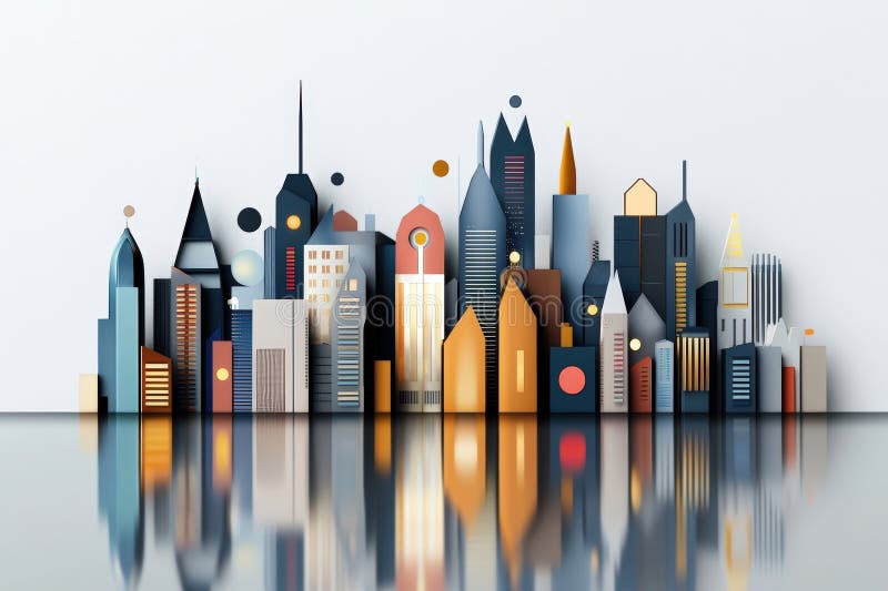 A Vibrant Stylized City Skyline Featuring Unique Architectural Forms ...