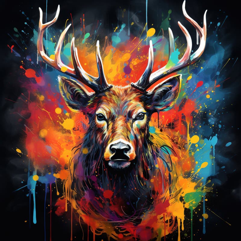 A Vibrant, Stylized Deer Head Illustration with Colorful Splashes and ...