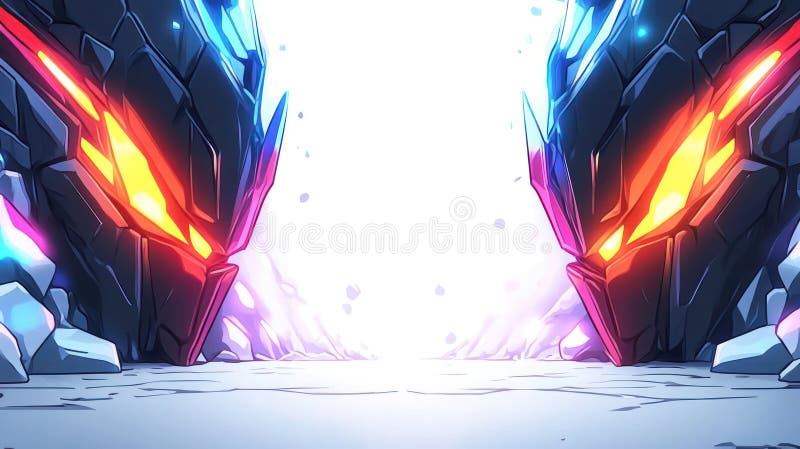 A Vibrant, Stylized Depiction of Two Imposing Rock Formations with ...