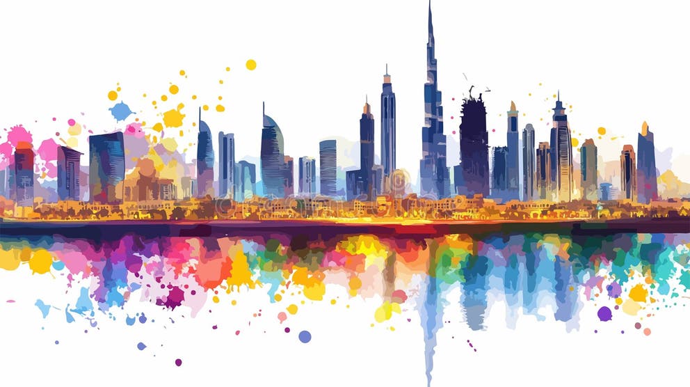 Vibrant Stylized Dubai Landscape with Colorful Skyline Image Stock ...