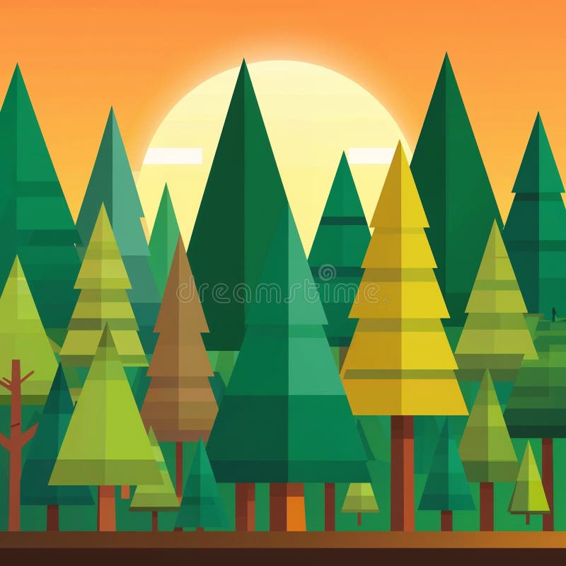 Stylized Forest Scene with Glowing Sunset Stock Illustration ...