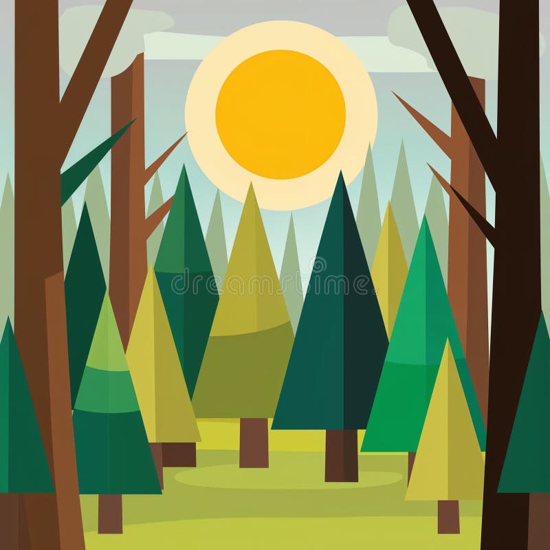 Stylized Forest Scene with Glowing Sunset Stock Illustration ...