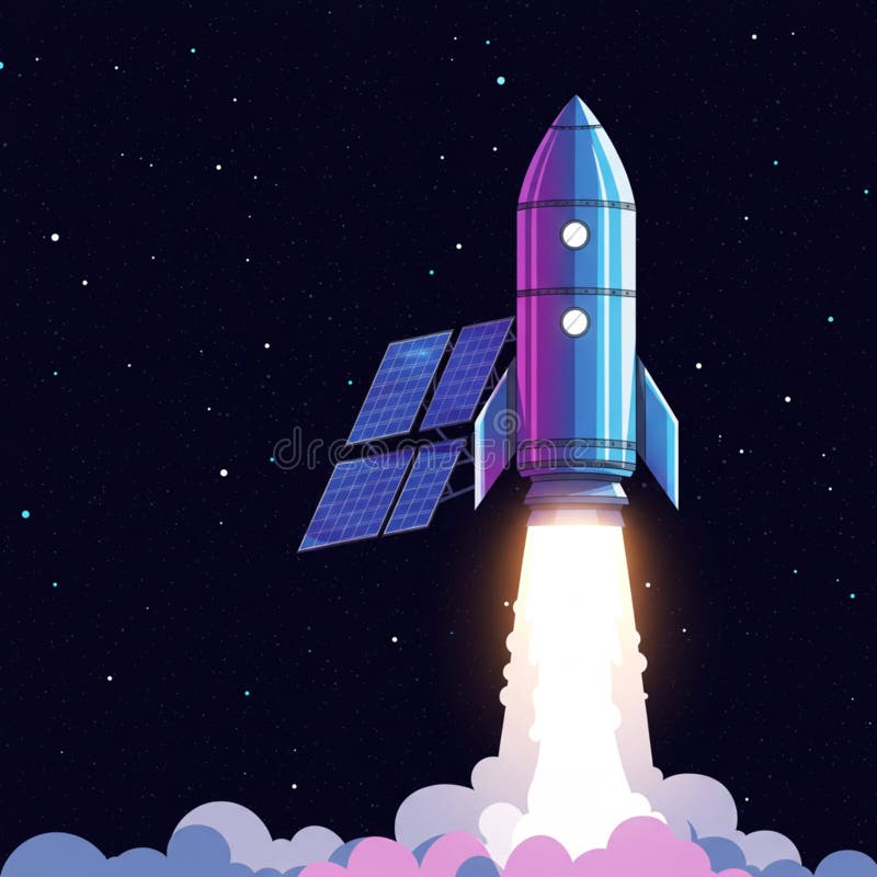 A Vibrant, Stylized Illustration of a Rocket Taking Off into Space ...