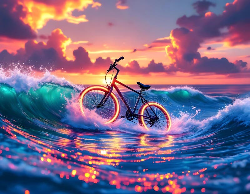Bicycle Riding on a Sunset Ocean Wave by AI Generated Stock ...