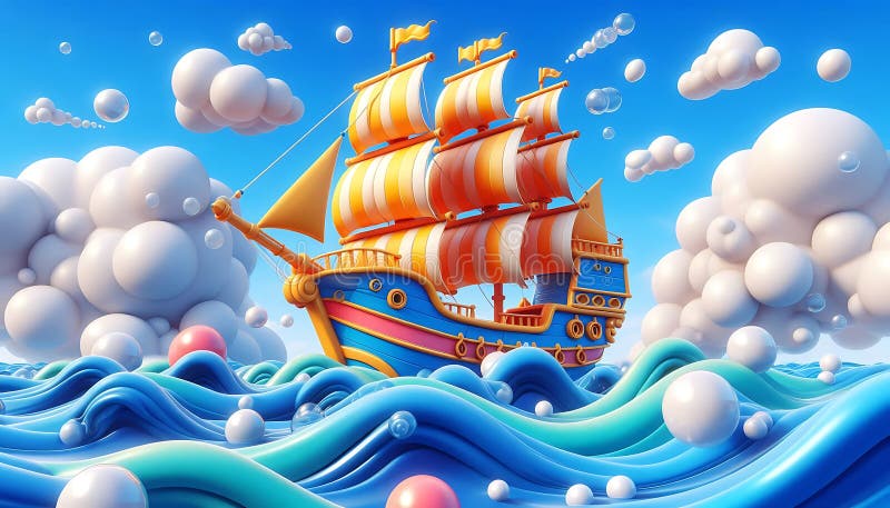 Cartoonish Sailing Ship on a Playful Sea Stock Illustration ...