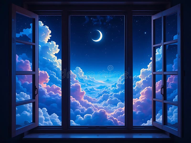 A Vibrant, Stylized Image of a Window Overlooking a Dreamlike Night Sky ...