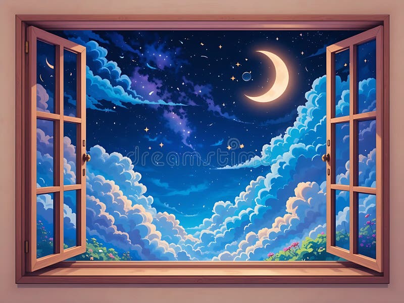 A Vibrant, Stylized Image of a Window Overlooking a Dreamlike Night Sky ...