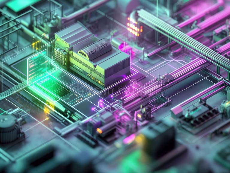 A Vibrant, Stylized Industrial Scene with Cybernetic Elements ...